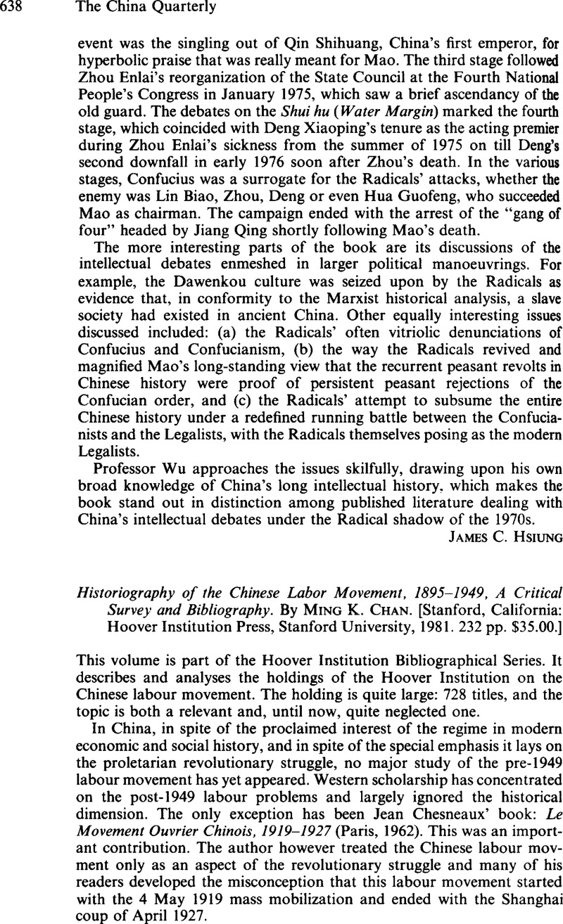Historiography of the Chinese Labor Movement, 1895–1949, A Critical ...