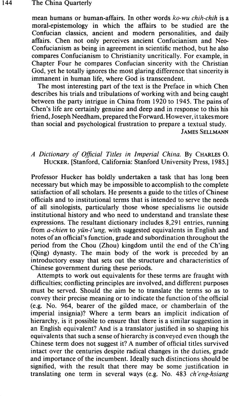 A Dictionary of Official Titles in Imperial China. By Charles O. Hucker ...