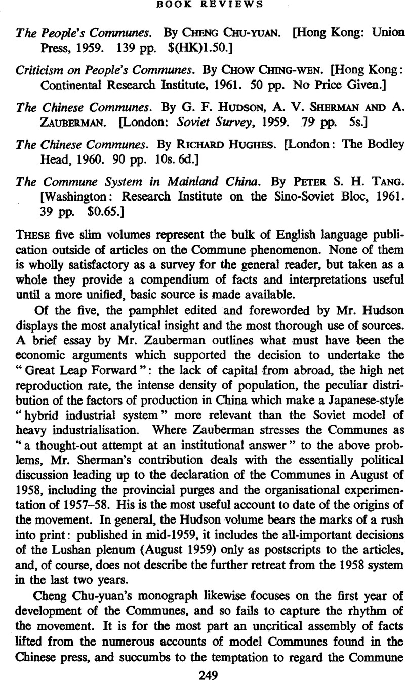 The People's Communes. By Cheng Chu-Yuan. [Hong Kong: Union Press, 1959 ...