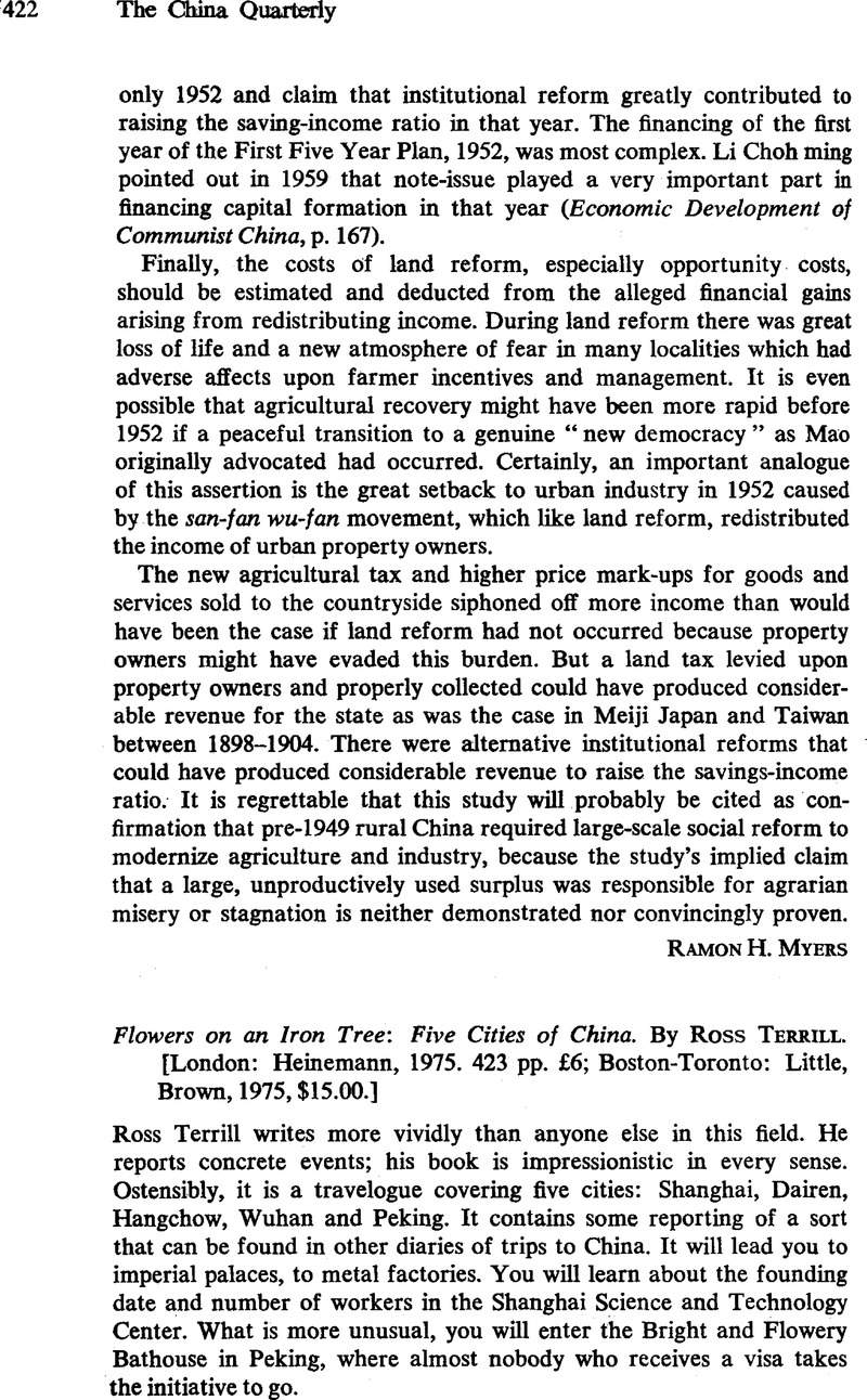 Flowers on an Iron Tree: Five Cities of China. By Ross Terrill. [London ...