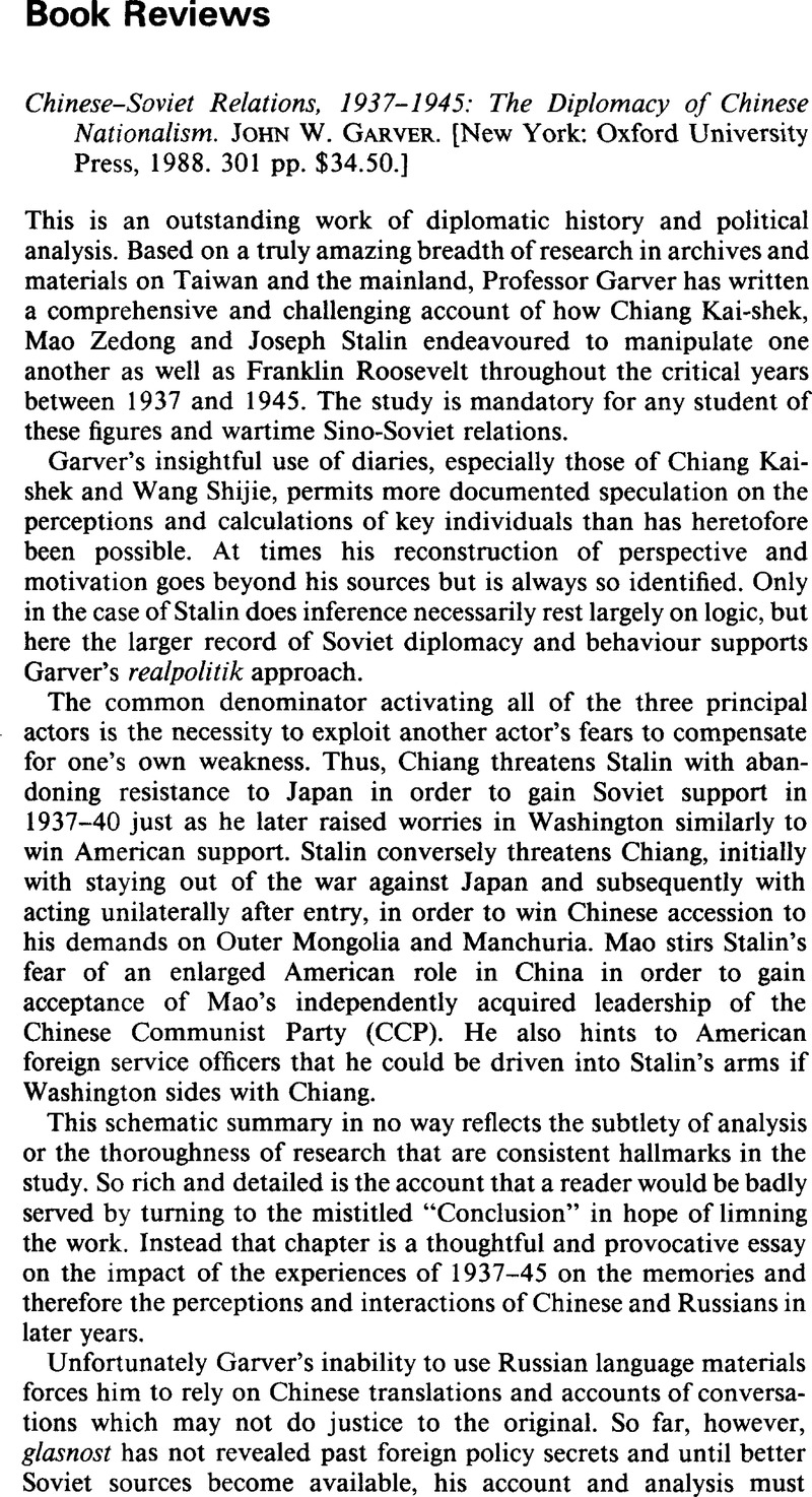 Chinese-Soviet Relations, 1937–1945: The Diplomacy of Chinese ...