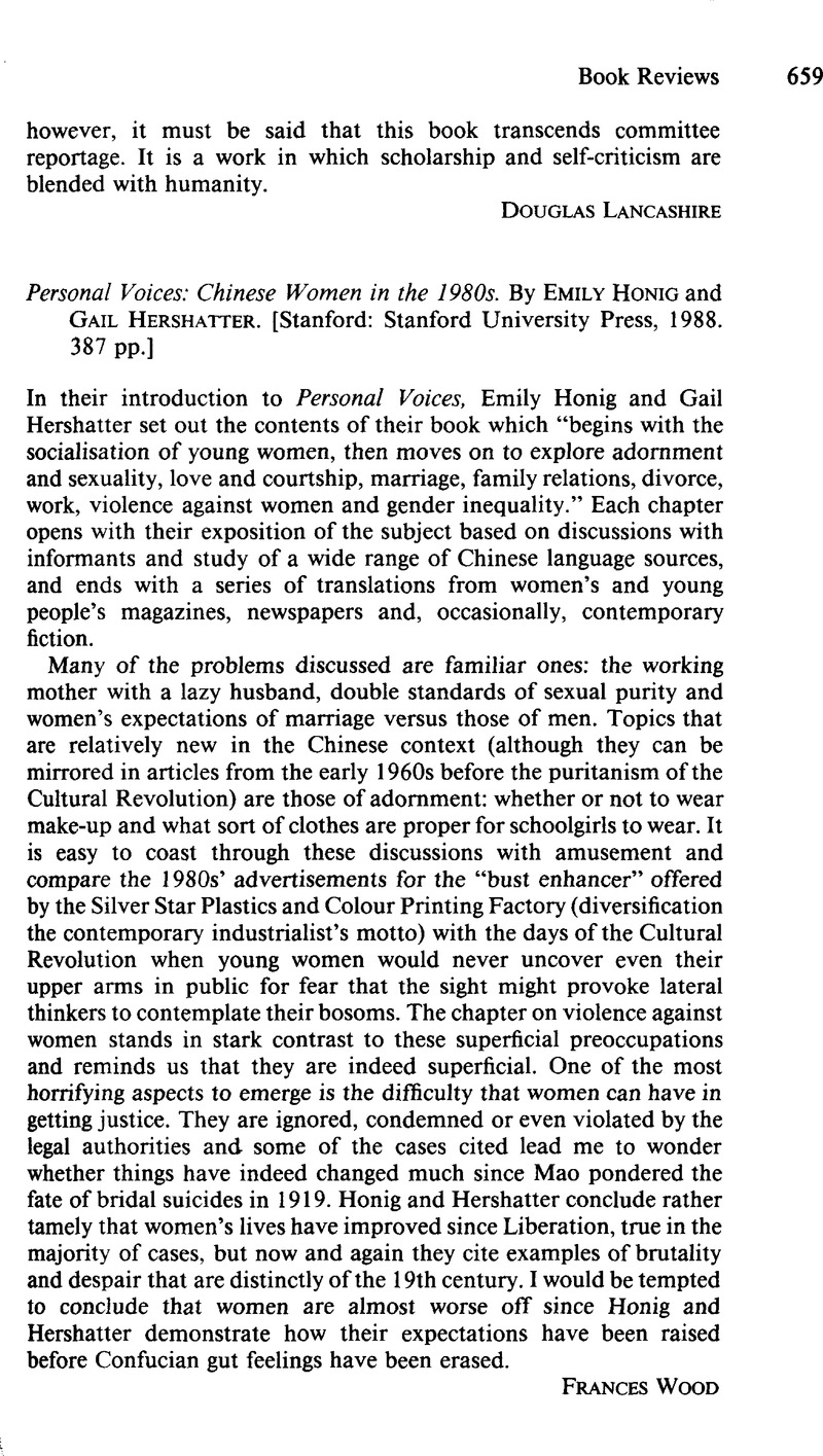 Personal Voices: Chinese Women in the 1980s. By Emily Honig and Gail ...