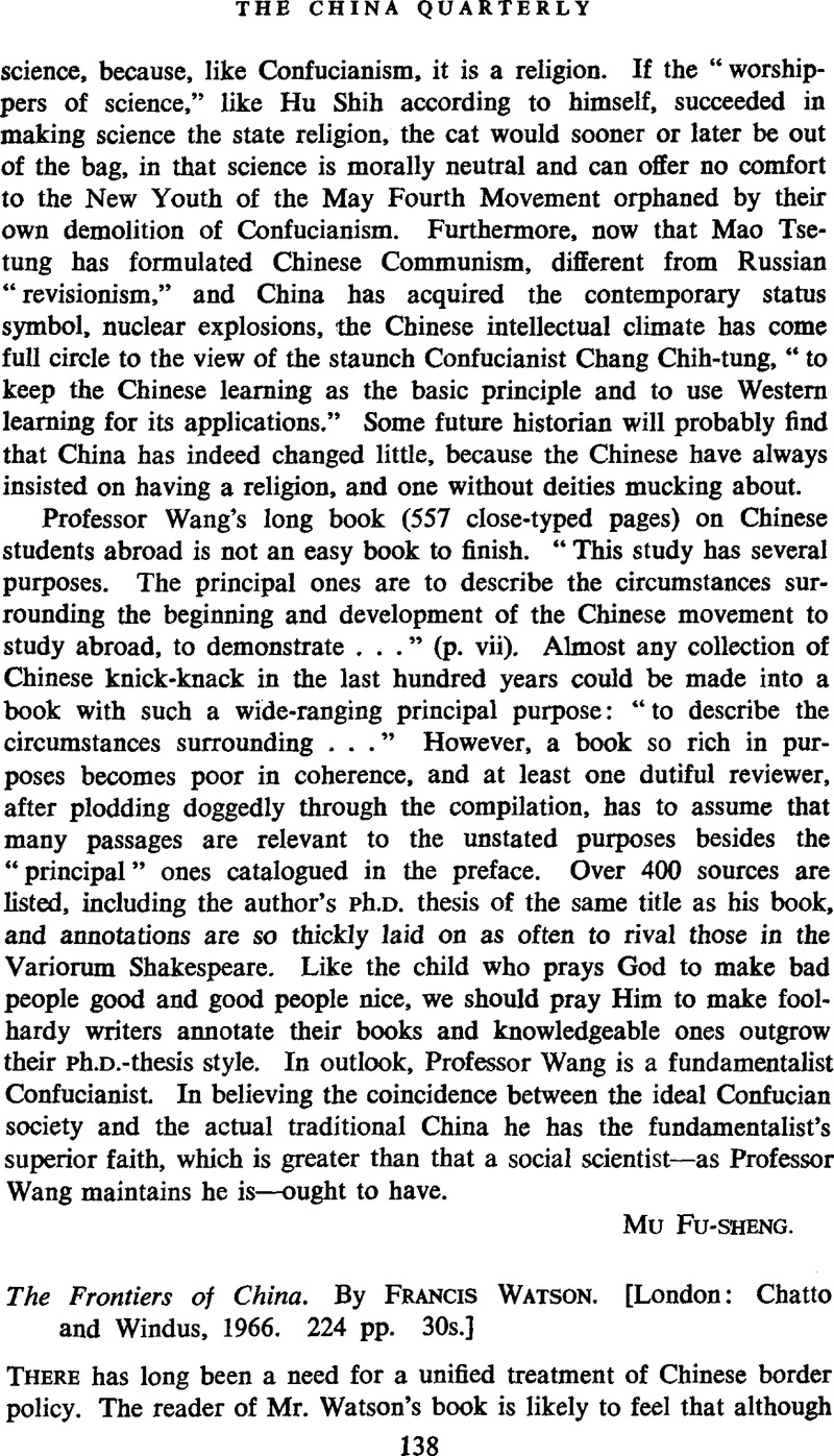The Frontiers of China. By Francis Watson. [London: Chatto and Windus ...