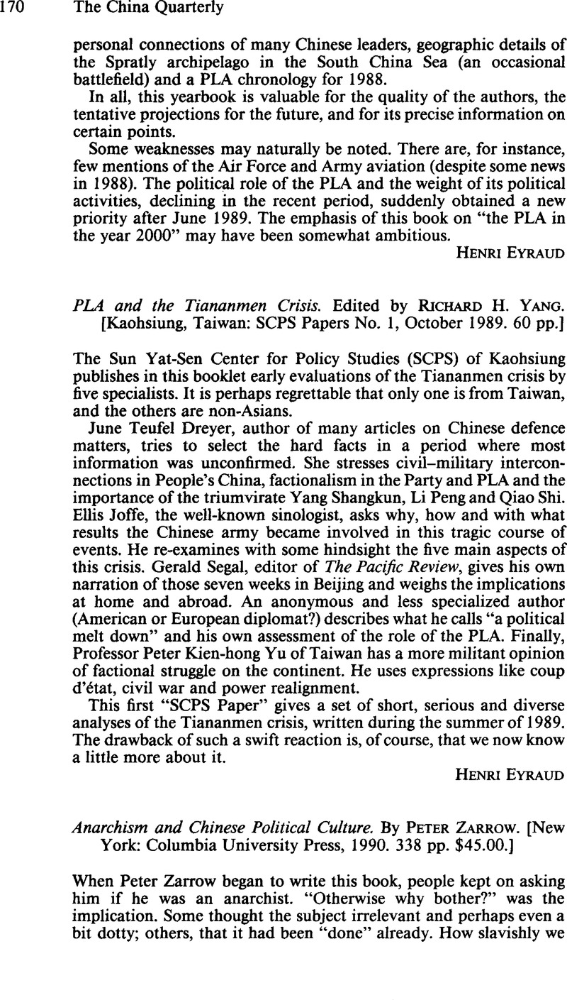 PLA and the Tiananmen Crisis. Edited by Richard H. Yang. [Kaohsiung ...