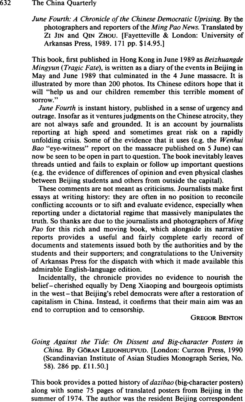 June Fourth: A Chronicle of the Chinese Democratic Uprising. By the ...