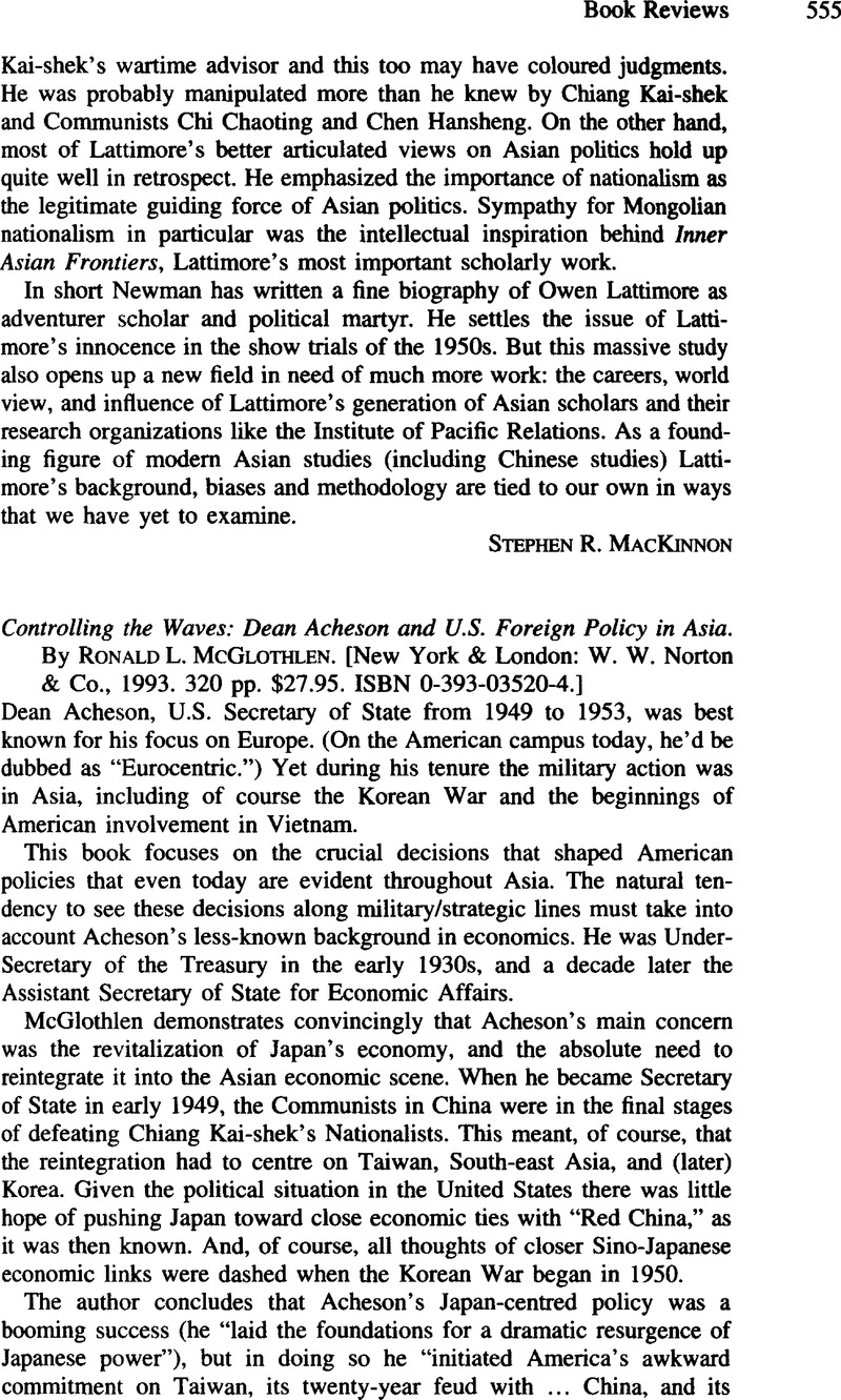 Controlling the Waves: Dean Acheson and U.S. Foreign Policy in Asia. By ...