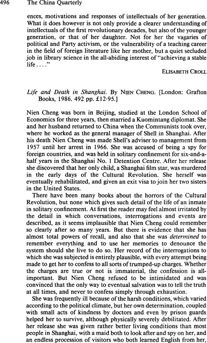 Life and Death in shanghai.. By Nien Cheng. [London: Grafton Books ...