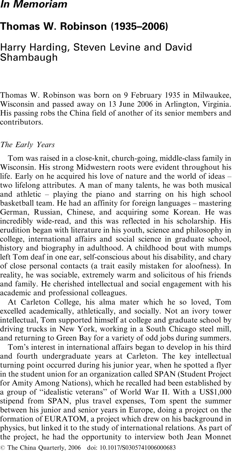 Thomas W. Robinson (1935–2006) | The China Quarterly | Cambridge Core