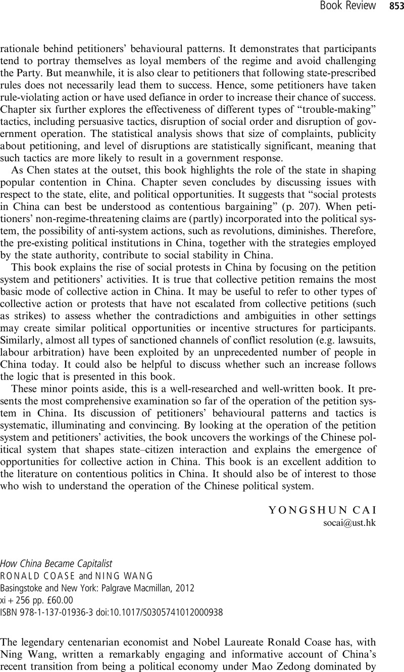 How China Became Capitalist. Ronald Coaseand Ning Wang . Basingstoke ...