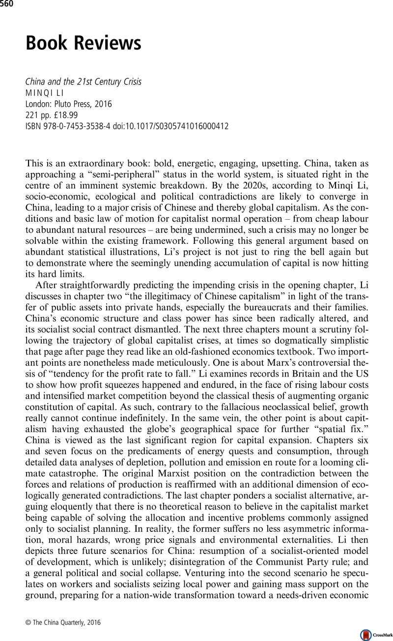 China and the 21st Century Crisis. MINQI LI . London: Pluto Press, 2016 ...