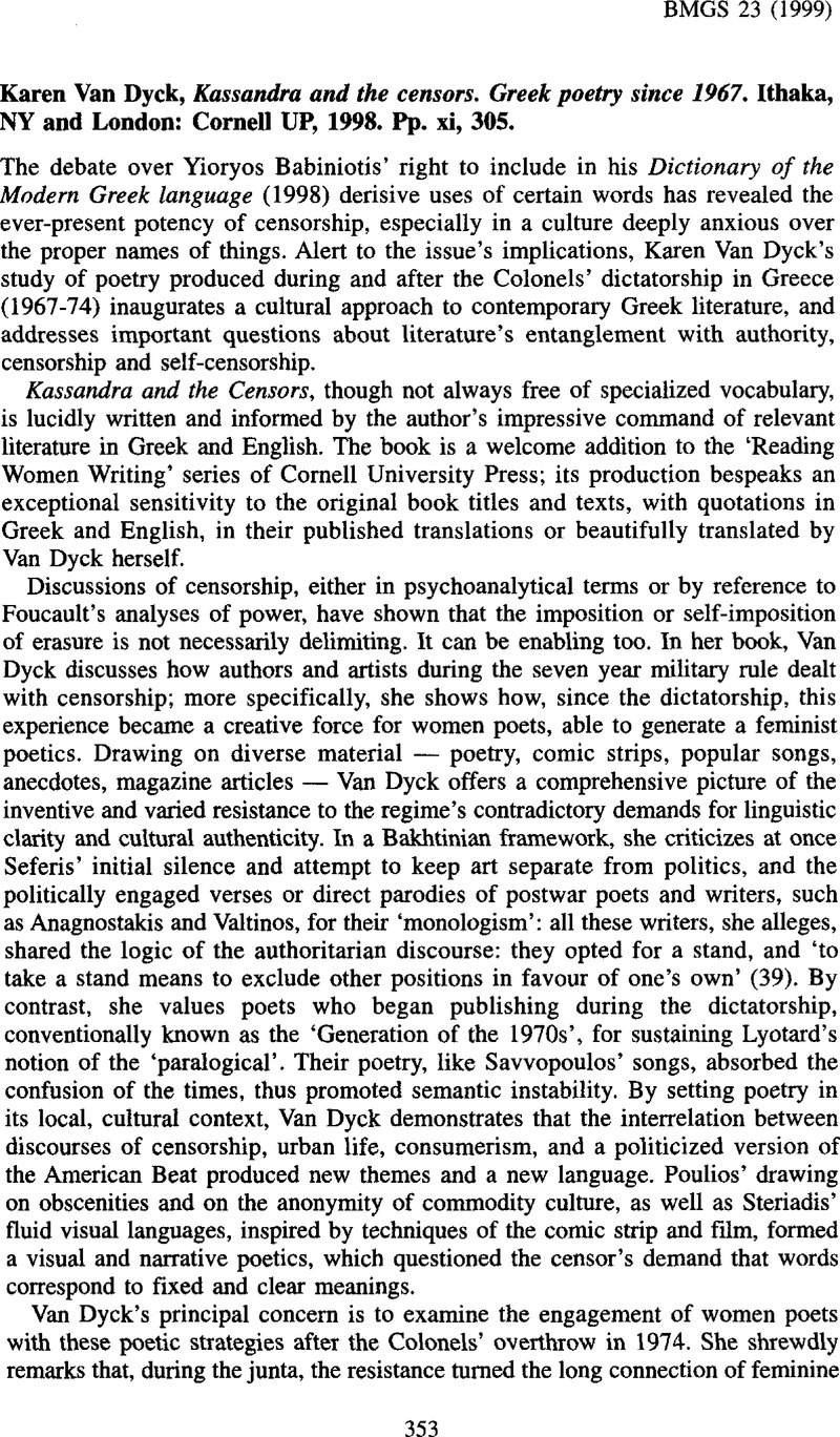 Karen Van Dyck, Kassandra and the censors. Greek poetry since 1967 ...