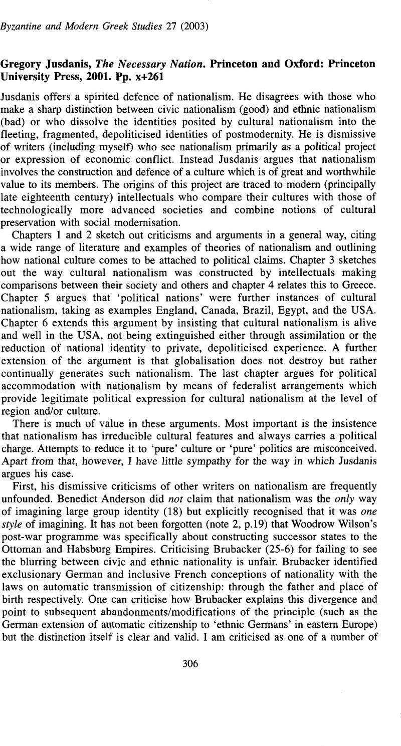 Gregory Jusdanis, The Necessary Nation. Princeton and Oxford: Princeton ...
