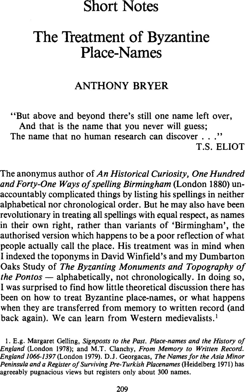 The Treatment of Byzantine Place-Names | Byzantine and Modern Greek ...