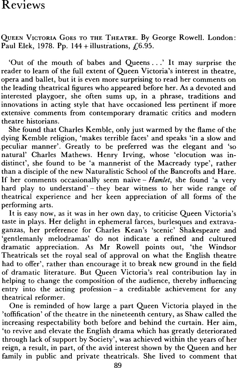 Queen Victoria Goes to the Theatre. By George Rowell. London: Paul Elek ...