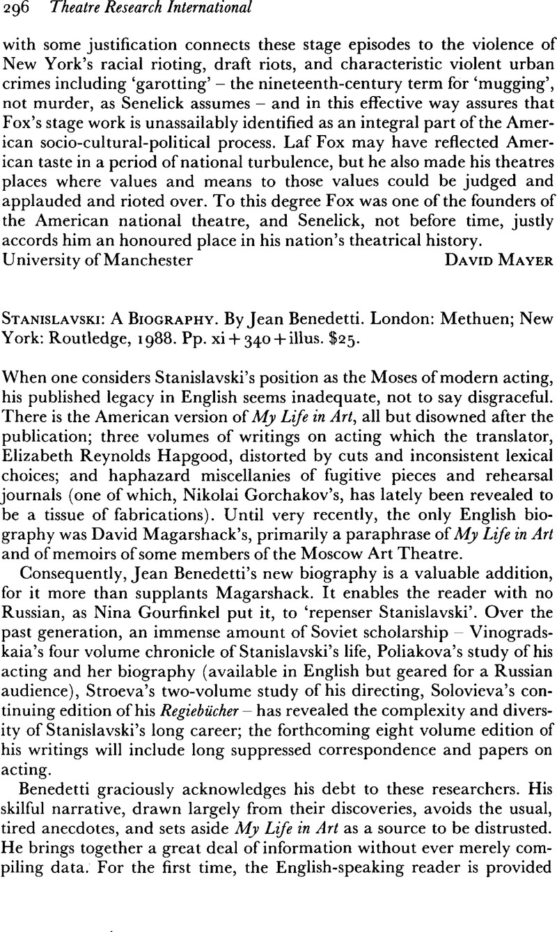 Stanislavski: A Biography. By Jean Benedetti. London: Methuen; New York: Routledge, 1988. Pp. xi ...