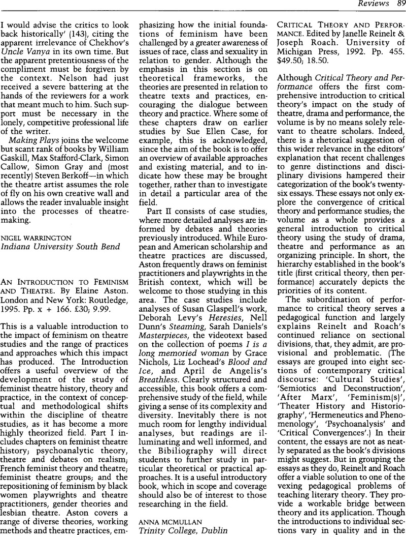 An Introduction to Feminism and Theatre. By Elaine Aston. London and ...