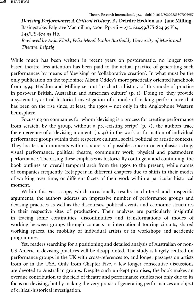 Devising Performance: A Critical History. By Deirdre Heddon and Jane Milling. Basingstoke ...