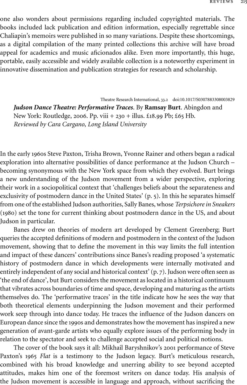 Judson Dance Theatre: Performative Traces. By Ramsay Burt. Abingdon and ...