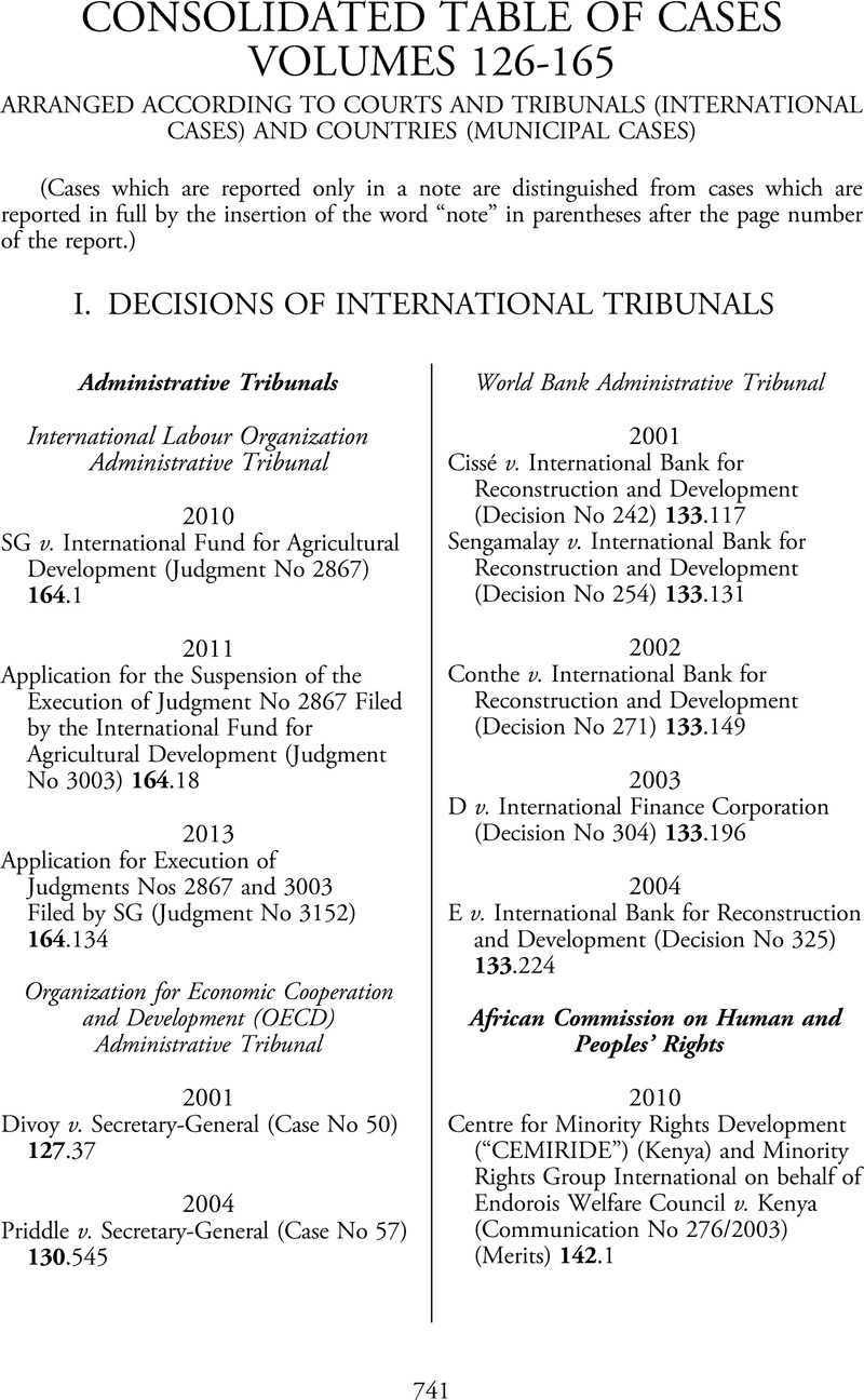 Consolidated Table of Cases Volumes 126-165 | International Law Reports ...