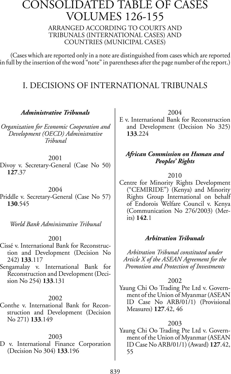 Consolidated Table of Cases Volumes 126-155 | International Law Reports ...