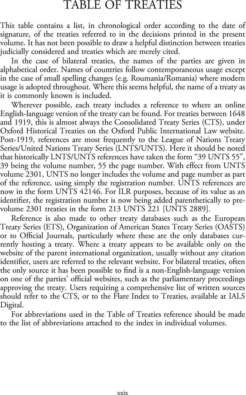 Table of Treaties | International Law Reports | Cambridge Core