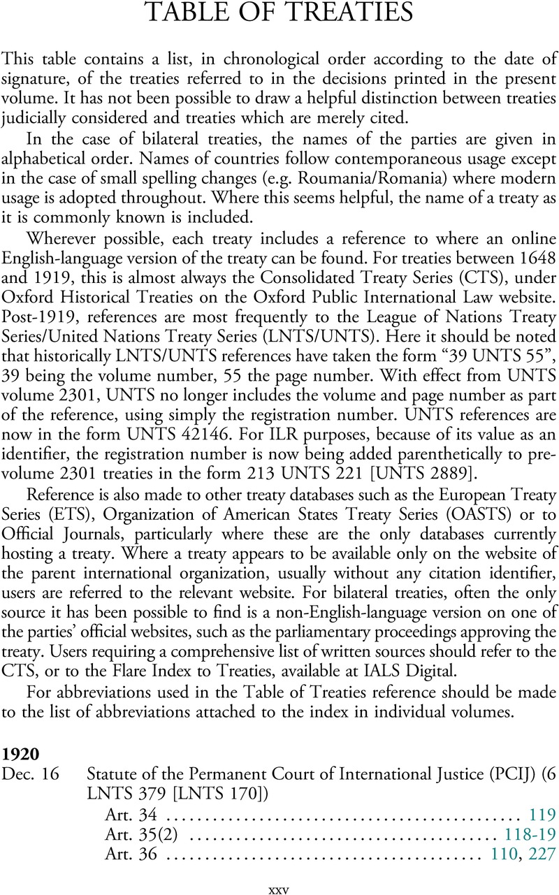 Table of Treaties | International Law Reports | Cambridge Core