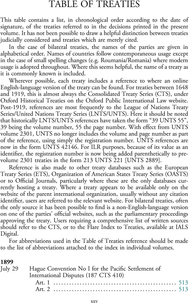 Table of Treaties | International Law Reports | Cambridge Core