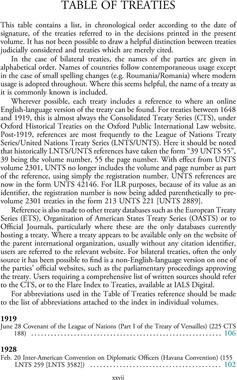 Table of Treaties | International Law Reports | Cambridge Core
