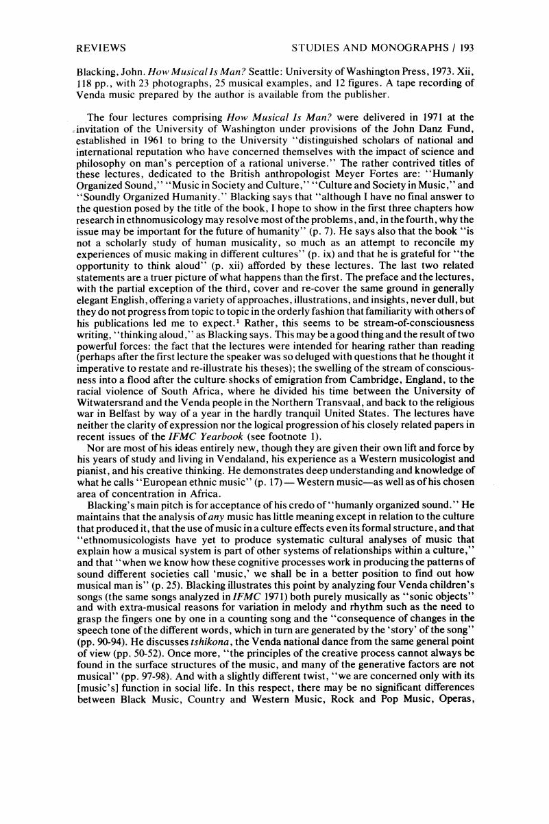 John Blacking. How Musical Is Man? Seattle: University of Washington ...