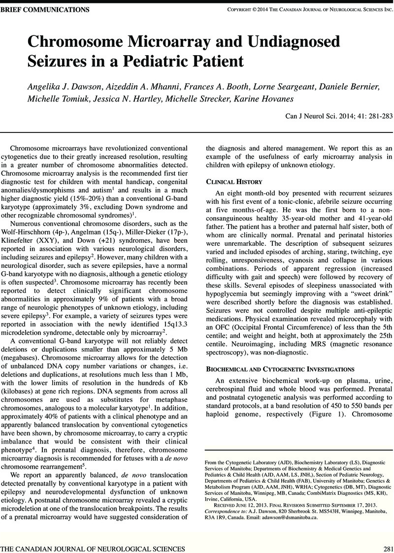 Chromosome Microarray and Undiagnosed Seizures in a Pediatric Patient ...