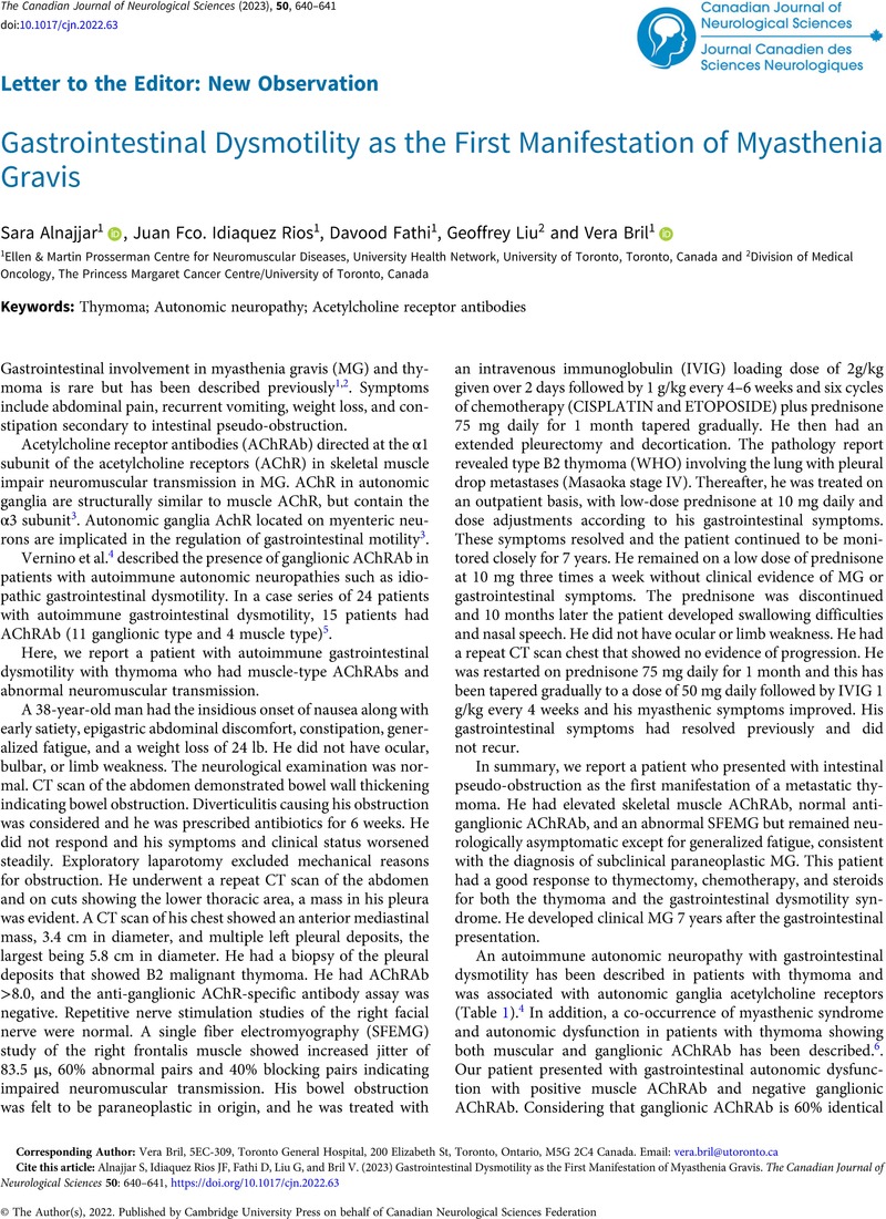 Gastrointestinal Dysmotility as the First Manifestation of Myasthenia ...