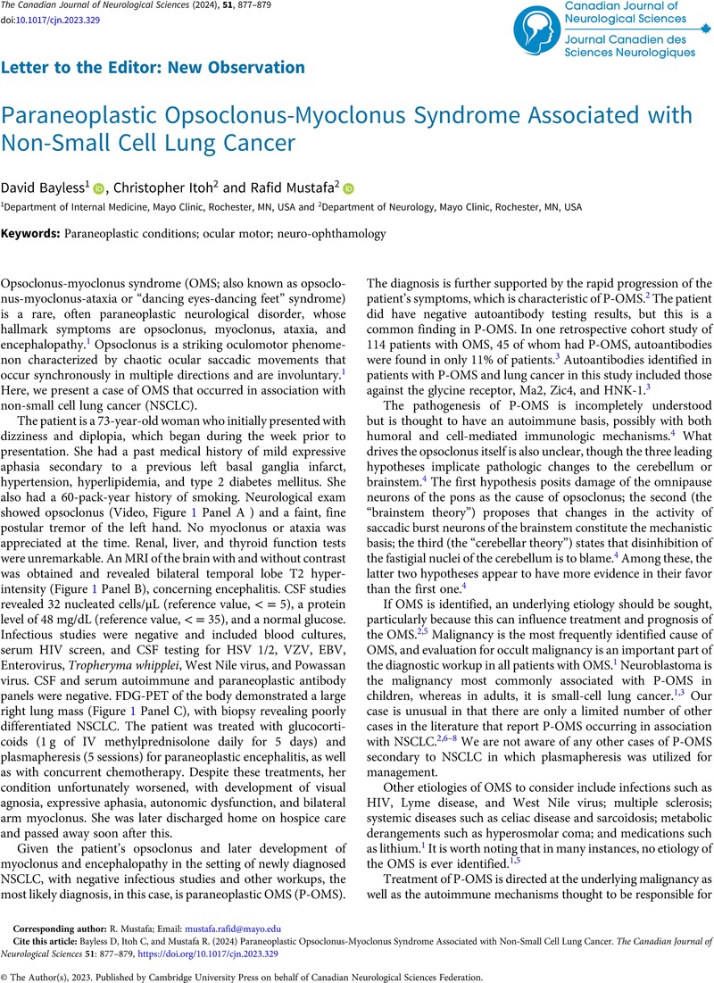 Paraneoplastic Opsoclonus-Myoclonus Syndrome Associated with Non-Small ...