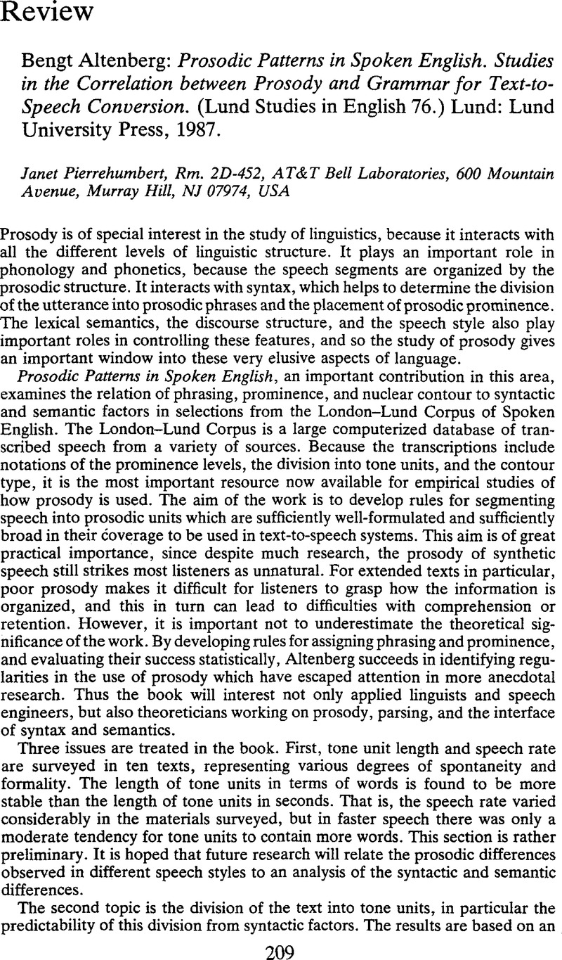 Bengt Altenberg: Prosodic Patterns in Spoken English. Studies in the ...