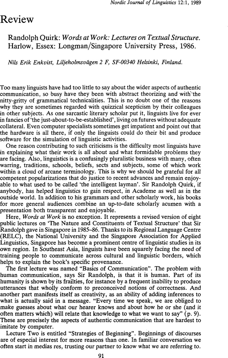 Randolph Quirk: Words at Work: Lectures on Textual Structure. Harlow ...