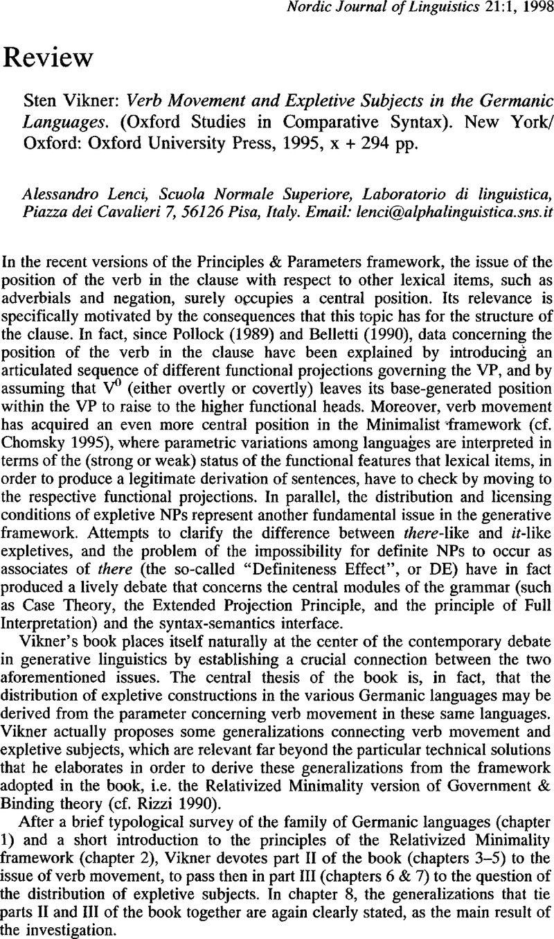Sten Vikner: Verb Movement and Expletive Subjects in the Germanic ...
