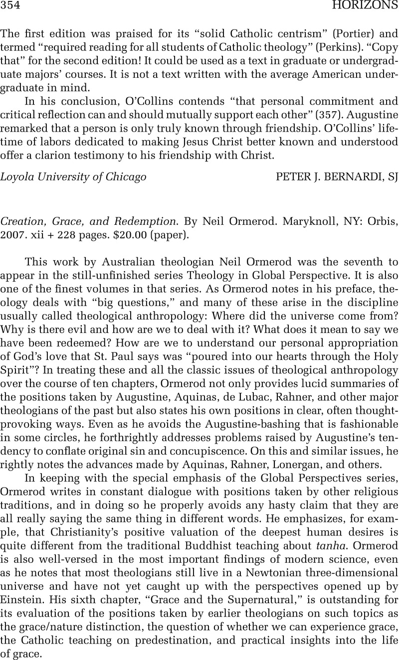 Creation, Grace, and Redemption. By Neil Ormerod. Maryknoll, NY: Orbis, 2007. xii + 228 pages ...