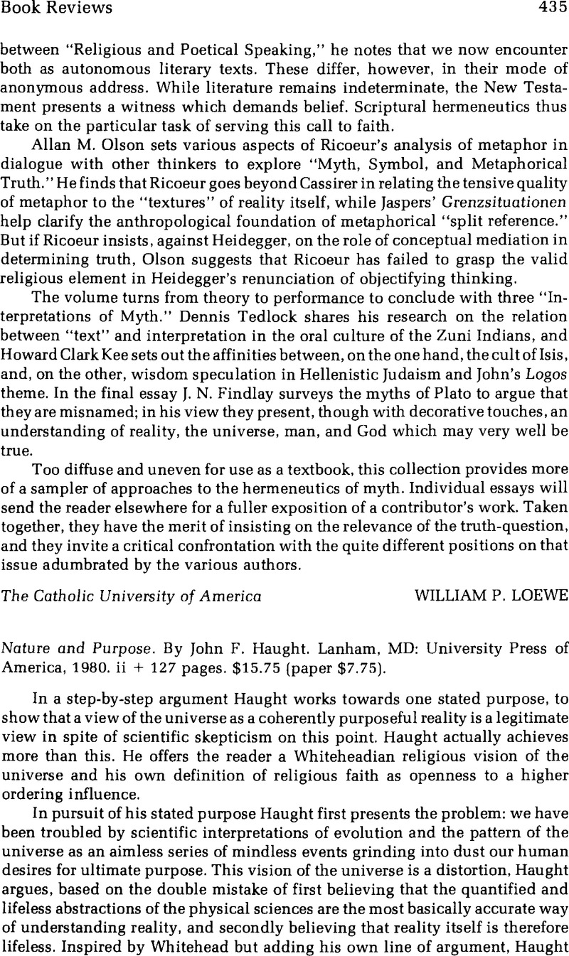 Nature and Purpose. By John F. Haught. Lanham, MD: University Press of ...