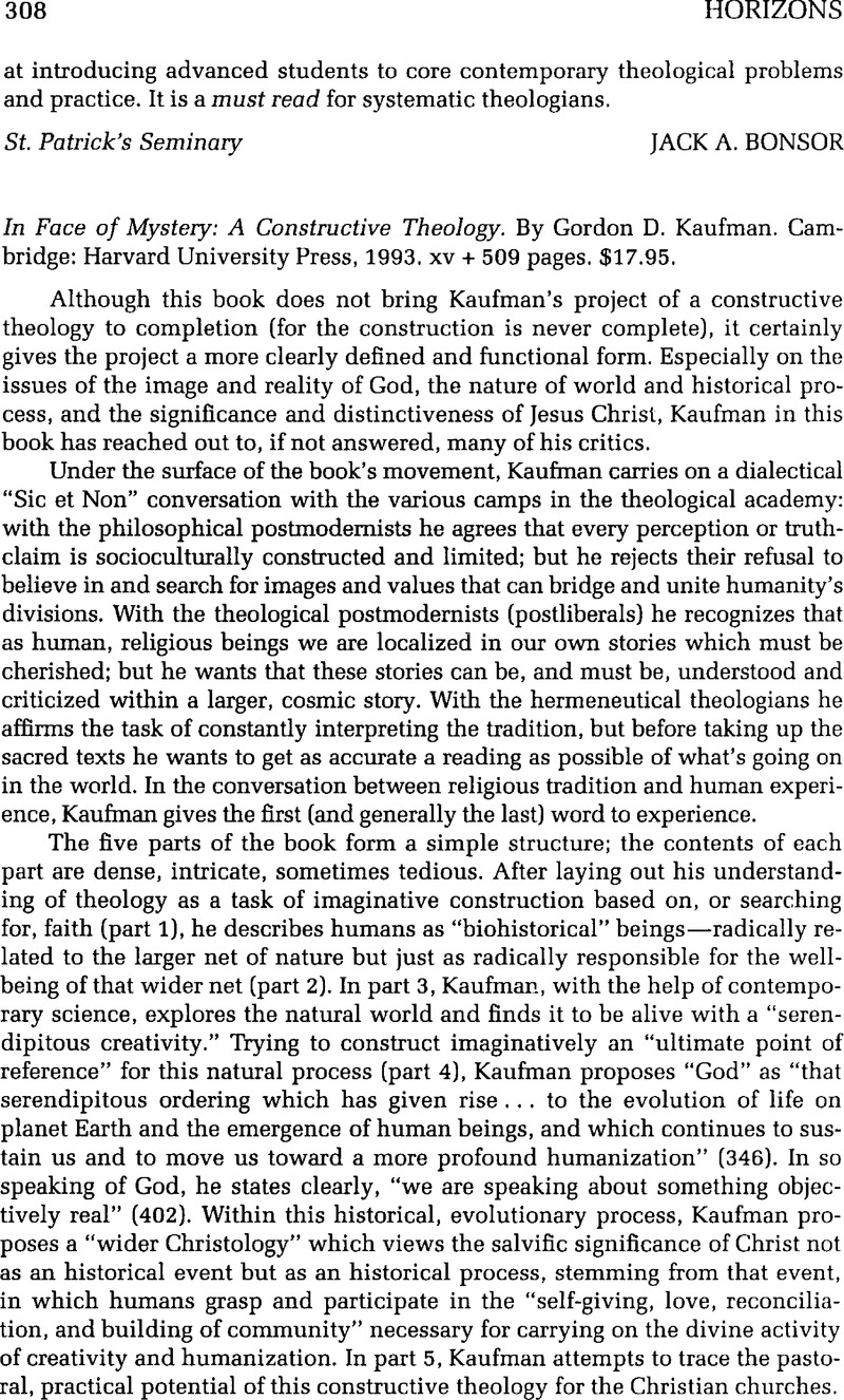 In Face of Mystery: A Constructive Theology. By Gordon D. Kaufman ...