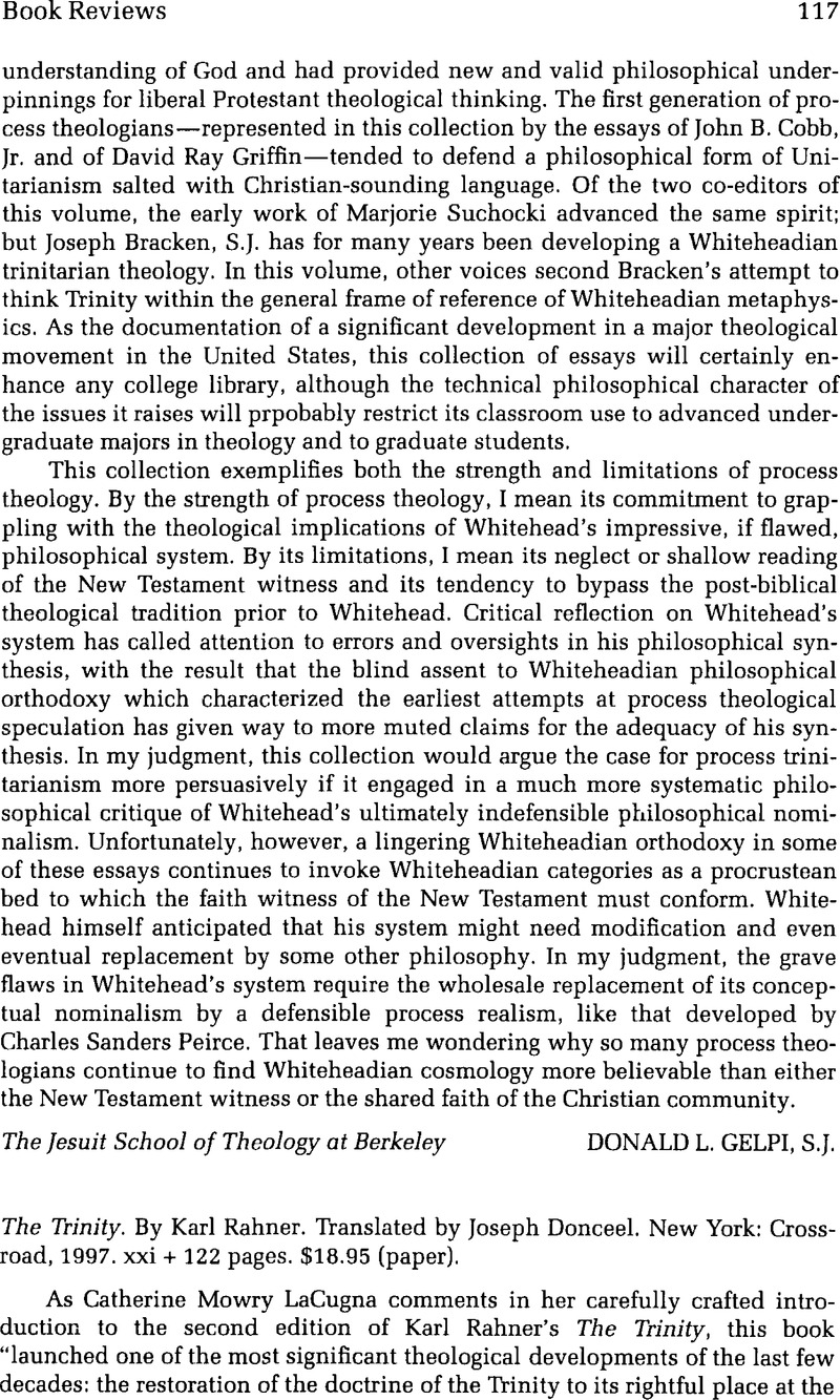 The Trinity. By Karl Rahner. Translated by Joseph Donceel. New York ...