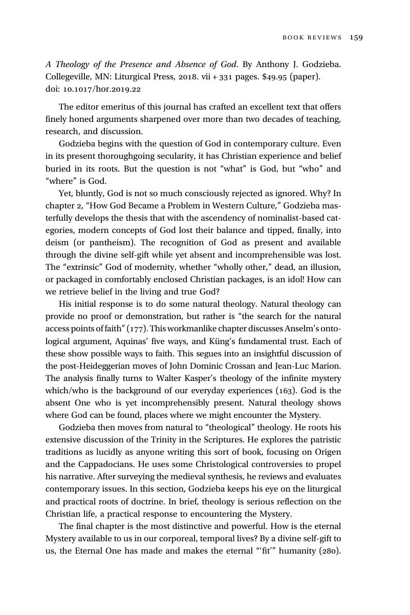 A Theology of the Presence and Absence of God. By Anthony J. Godzieba ...