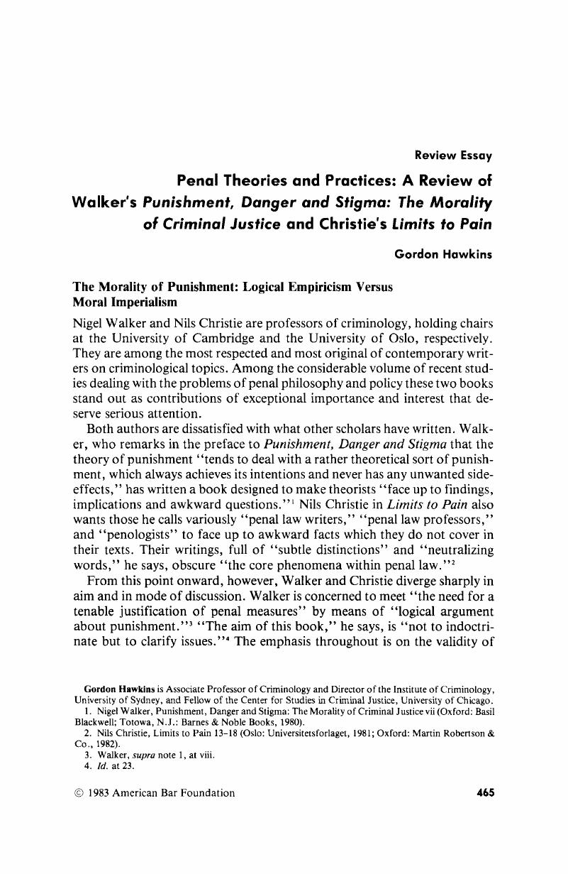 Penal Theories and Practices: A Review of Walker's Punishment, Danger ...