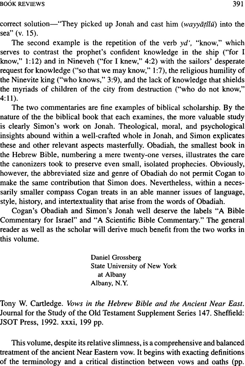 Tony W. Cartledge. Vows in the Hebrew Bible and the Ancient Near East ...