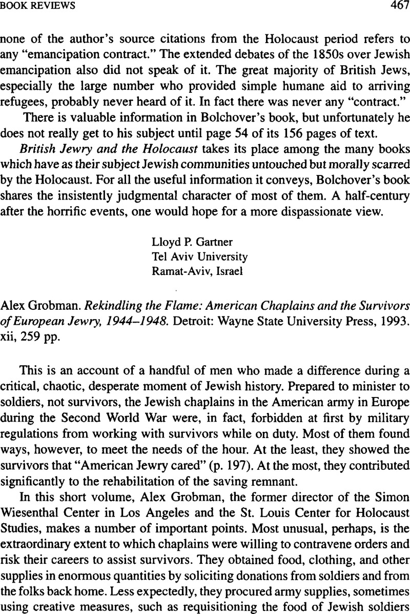 Alex Grobman. Rekindling the Flame: American Chaplains and the ...