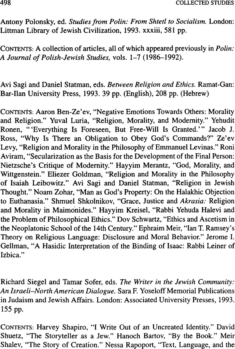 Sagi Avi and Statman Daniel, eds. Between Religion and Ethics. Ramat ...