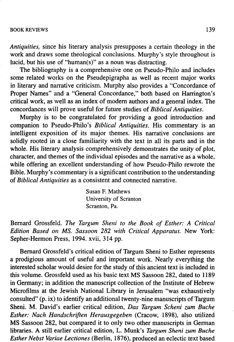 Bernard Grossfeld. The Targum Sheni to the Book of Esther: A Critical ...