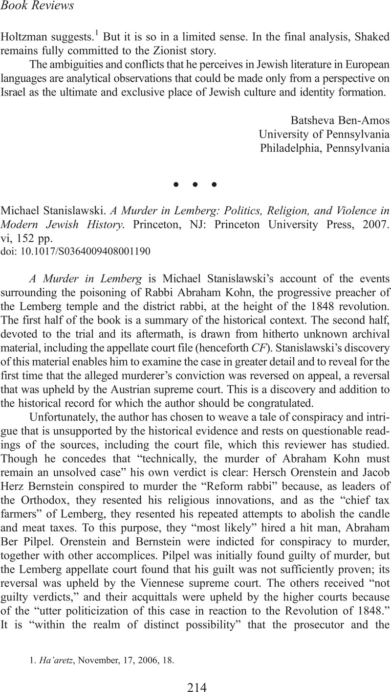 Michael Stanislawski. A Murder in Lemberg: Politics, Religion, and ...