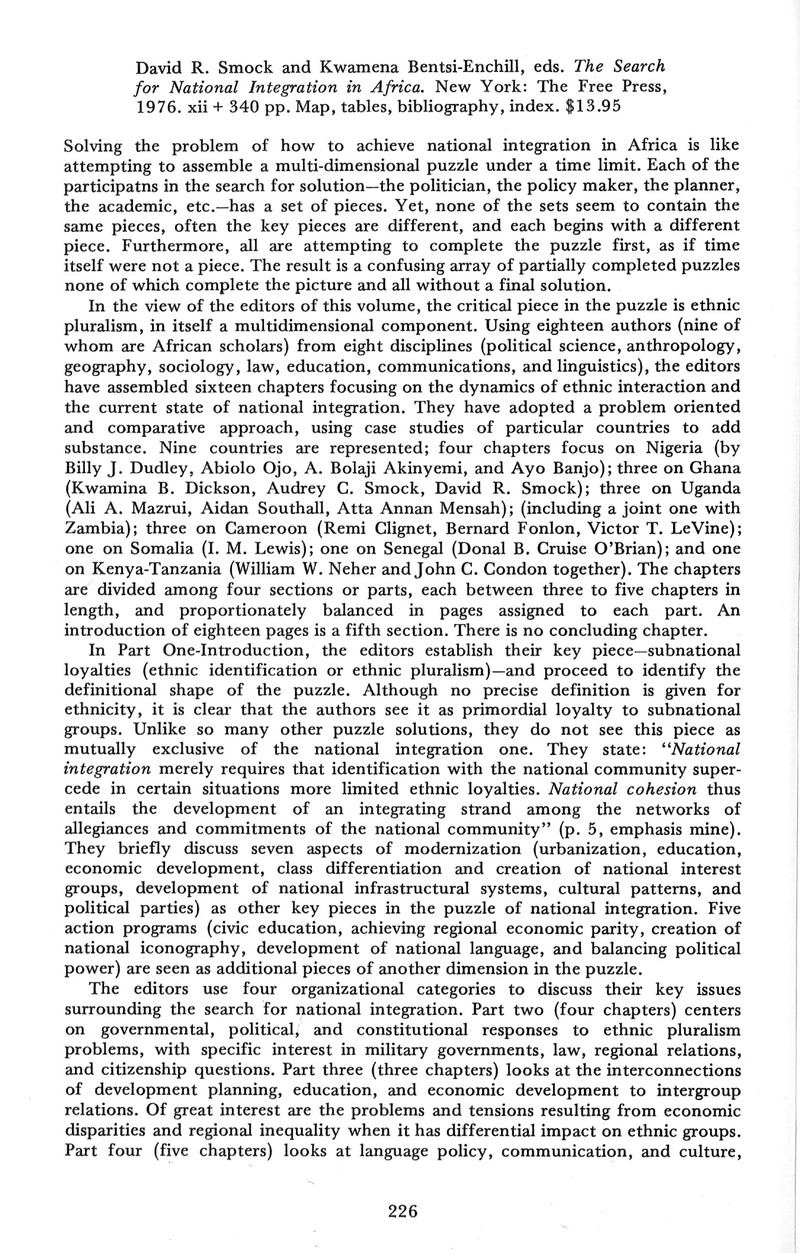 David R. Smock and Kwamena Bentsi-Enchill, eds. The Search for National ...