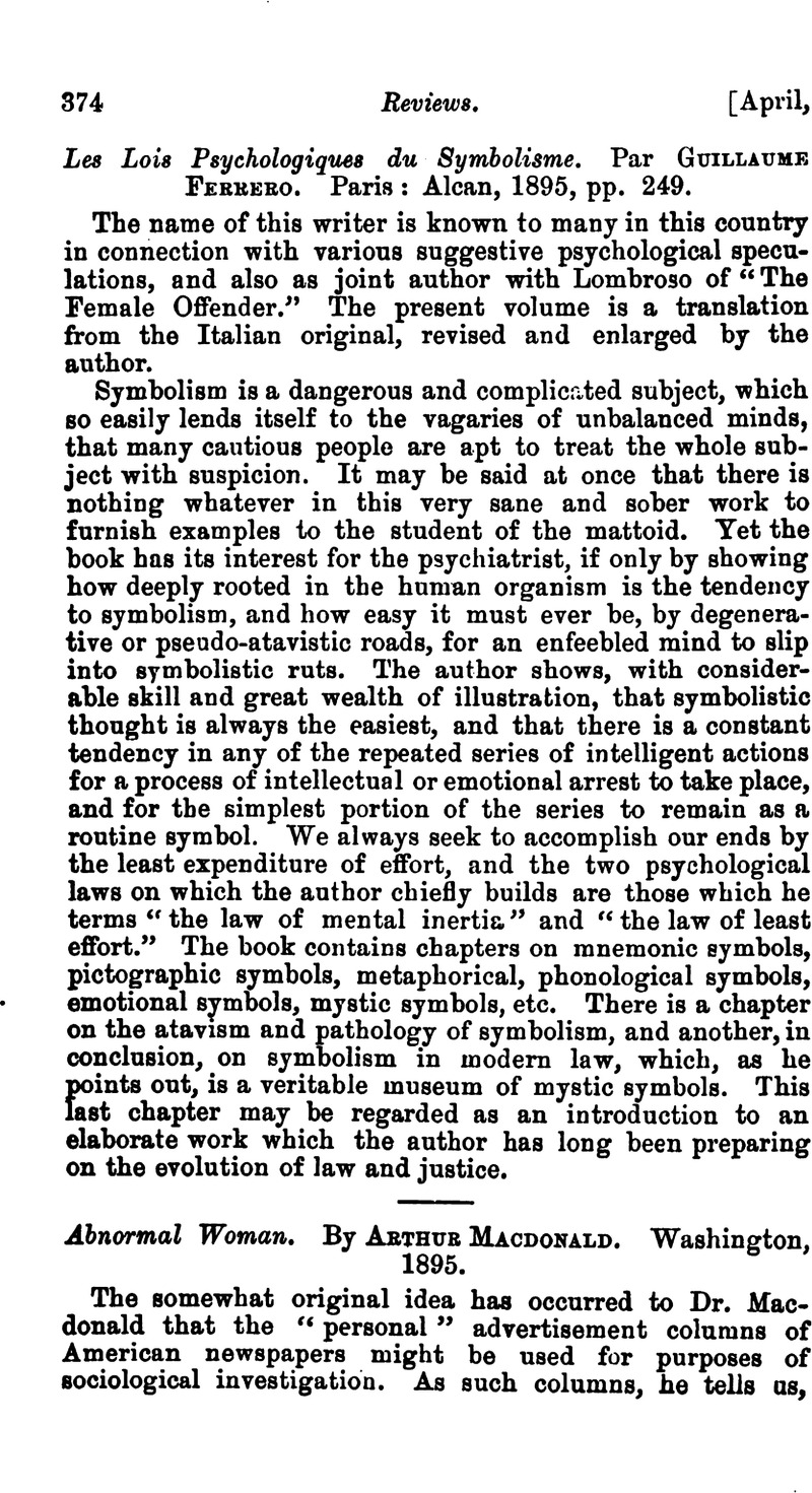 Abnormal Woman. By Arthur Macdonald. Washington, 1895. | Journal of ...