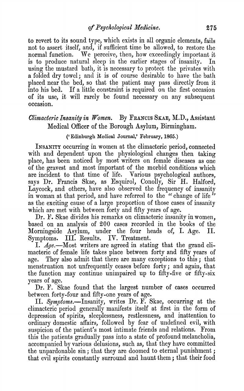 Climacteric Insanity in Women | Journal of Mental Science | Cambridge Core