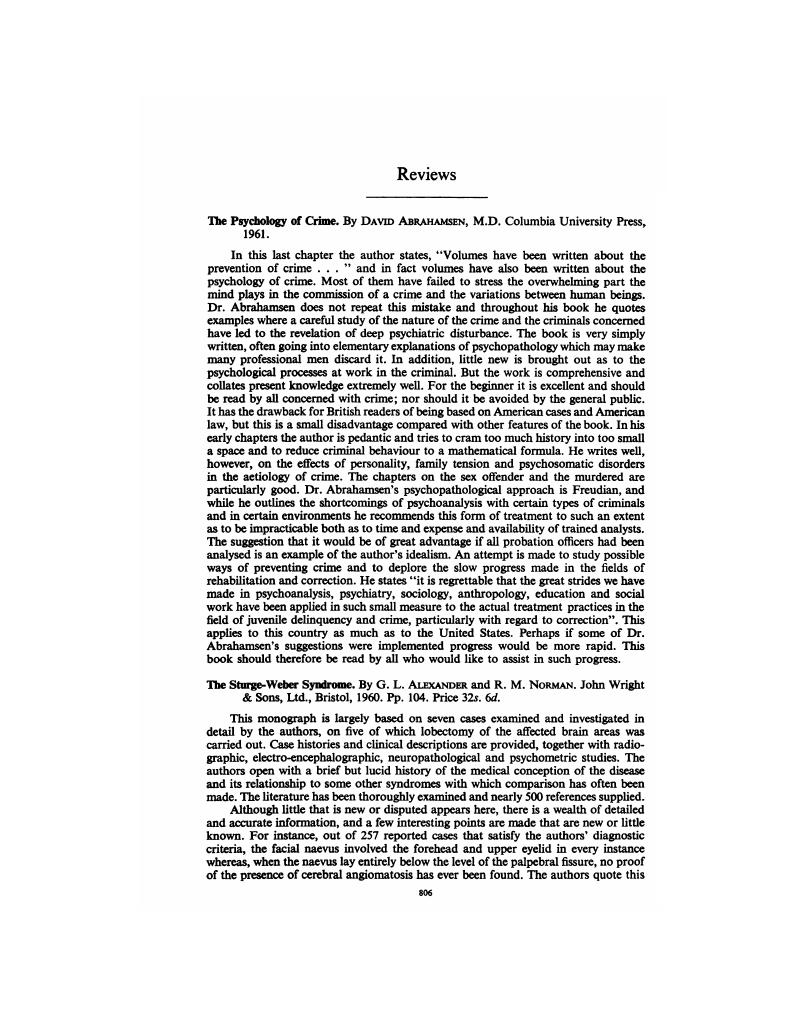 The Psychology of Crime. By David Abrahamsen, M.D. Columbia University ...